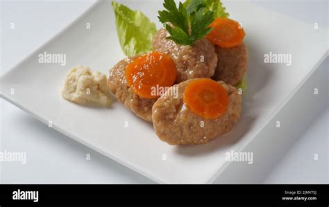 Traditional Jewish Passover Food Gefilte Fish With Carrots Horseradish