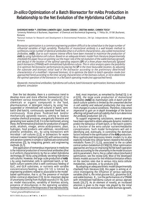 Pdf In Silico Optimization Of A Batch Bioreactor For Mabs Production In Relationship To The