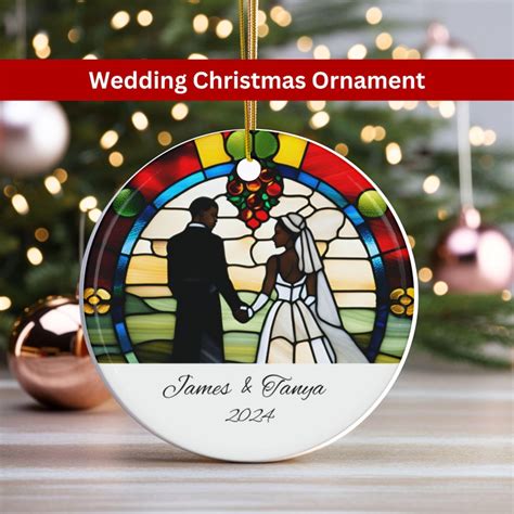 Personalized Wedding Christmas Ornament Ceramic W Stained Glass Design