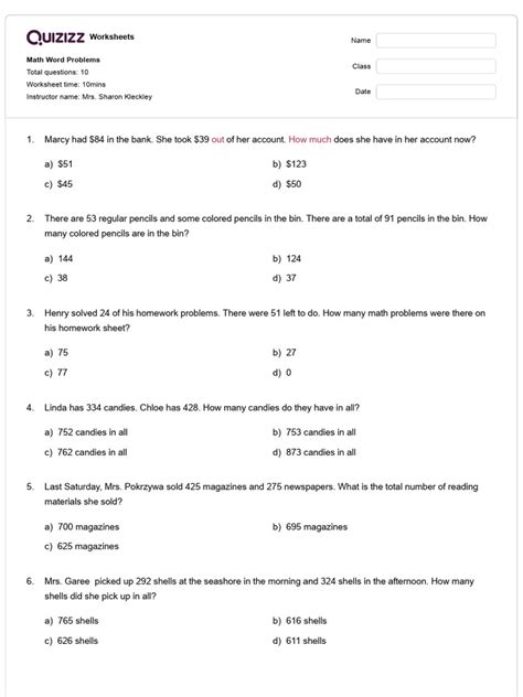 Math Word Problems Quizizz Pdf