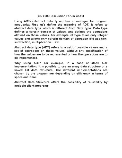 CS Discussion Forum Unit First Lets Define The Meaning Of ADT It Refers To Abstract