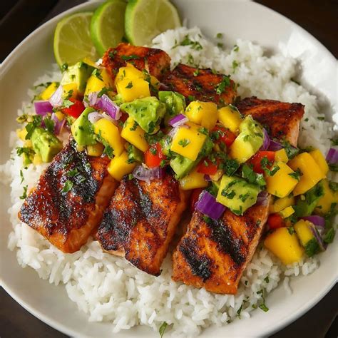 Grilled Salmon With Mango Avocado Salsa And Coconut Rice Recipes By Clare