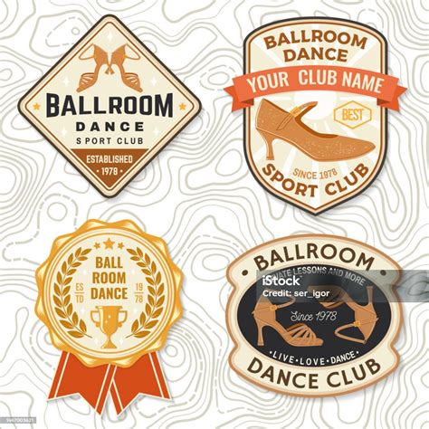 볼룸 댄스 스포츠 클럽 배지 로고 패치 셔츠 또는 로고 인쇄 스탬프 또는 티에 대한 개념입니다 트로피 컵이 있는 댄스 스포츠