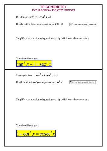 A Level Maths Reciprocal Trig Functions Worksheet Teaching Resources