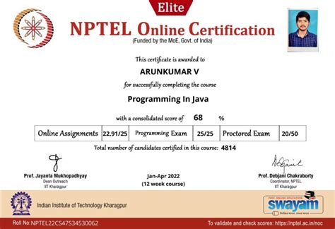 Arunkumar V On Linkedin Hello Connections 😀 I Have Successfully Completed My Nptel Java