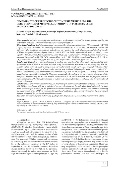 Pdf Development Of The Spectrophotometric Method For The Determination Of Metoprolol Tartrate