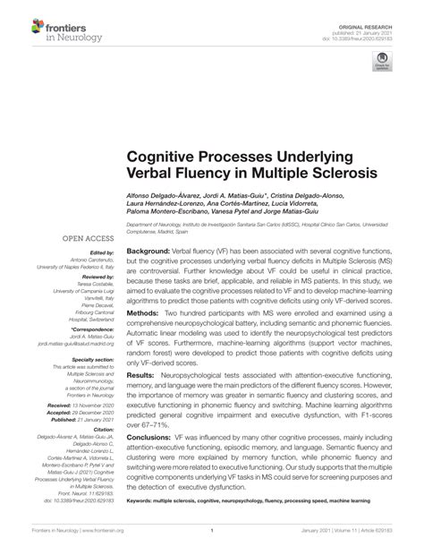 Pdf Cognitive Processes Underlying Verbal Fluency In Multiple Sclerosis