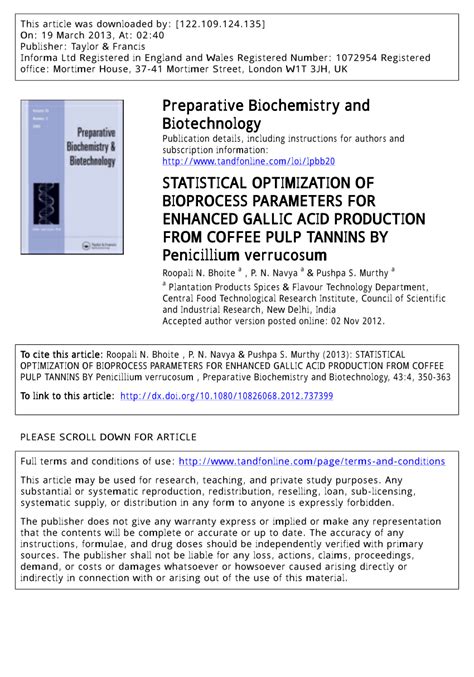 Pdf Statistical Optimization Of Bioprocess Parameters For Enhanced Gallic Acid Production From