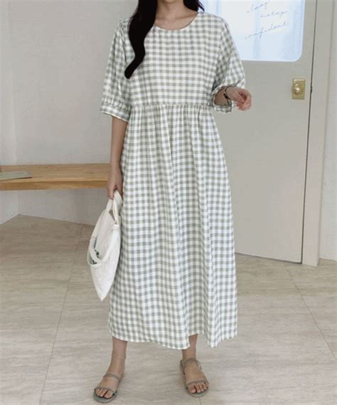 봄 여름 40대 미시 여성 줌마룩 루즈핏 오버핏 빅사이즈 체크 반팔 라운드넥 롱 원피스