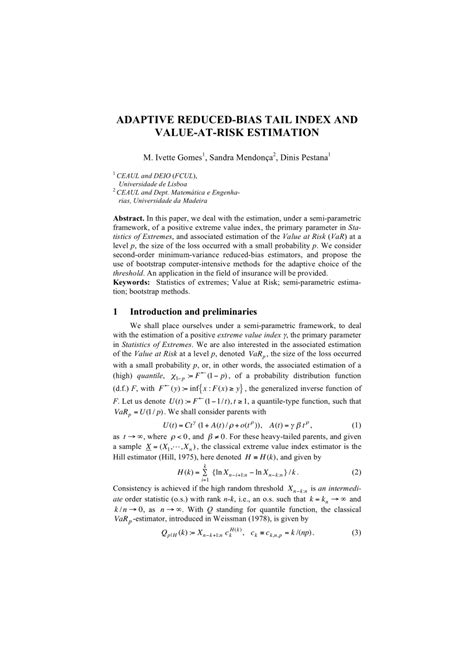 Pdf Adaptive Reduced Bias Tail Index And Value At Risk Estimation