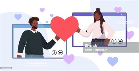 남자 여자 채팅 에 온라인 데이트 앱 아프리카 계 미국인 커플 에 웹 브라우저 창 잡고 심장 가공의 인물에 대한 스톡 벡터 아트 및 기타 이미지 Istock
