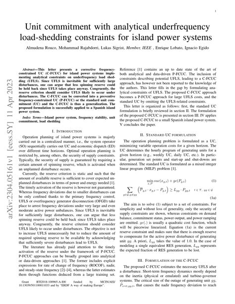 PDF Unit Commitment With Analytical Underfrequency Load Shedding Constraints For Island Power