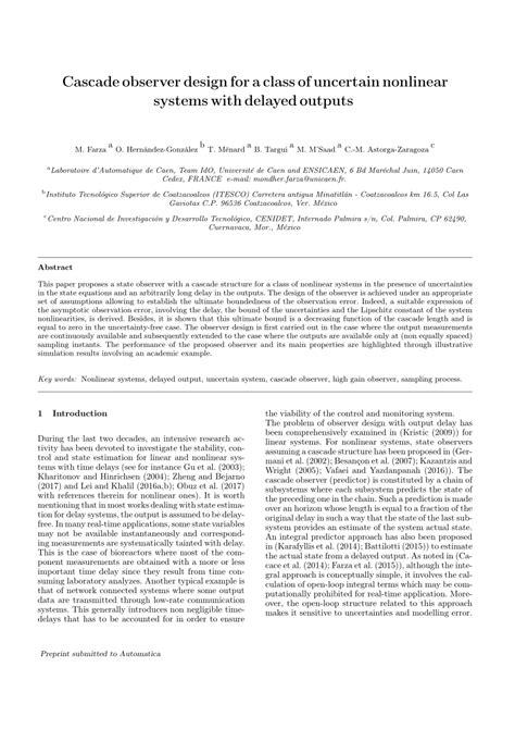 Pdf Cascade Observer Design For A Class Of Uncertain Nonlinear