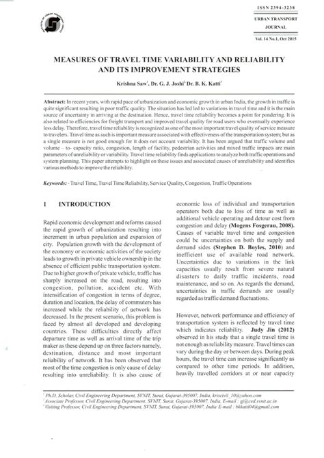 Pdf Measures Of Travel Time Variability And Reliability And Its