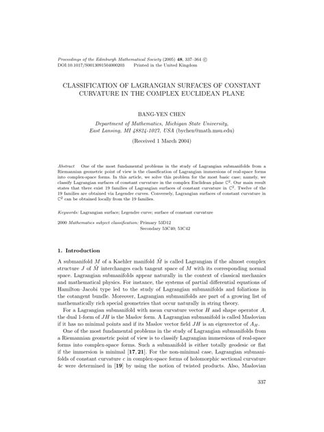 Pdf Classification Of Lagrangian Surfaces Of Constant Curvature In
