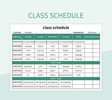 Class Schedule Excel Template And Google Sheets File For Free Download Slidesdocs