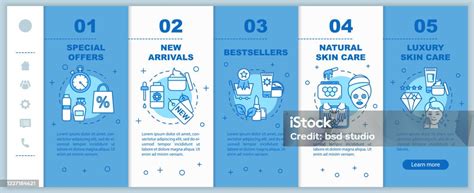 스킨 케어 온보딩 벡터 템플릿 특별 행사 새로운 도착 셀러 마케팅 및 거래 아이콘과 반응 모바일 웹 사이트 웹 페이지 연습 단계 화면입니다 Rgb 색상 개념 1위에 대한