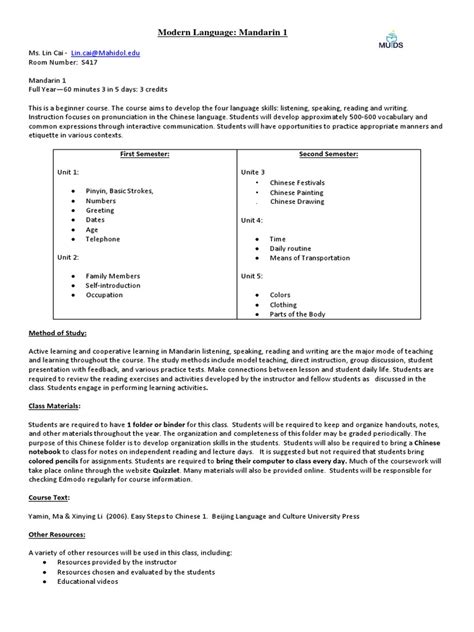 Course Syllabus Mandarin 1 2018 2019 Pdf Academic Dishonesty