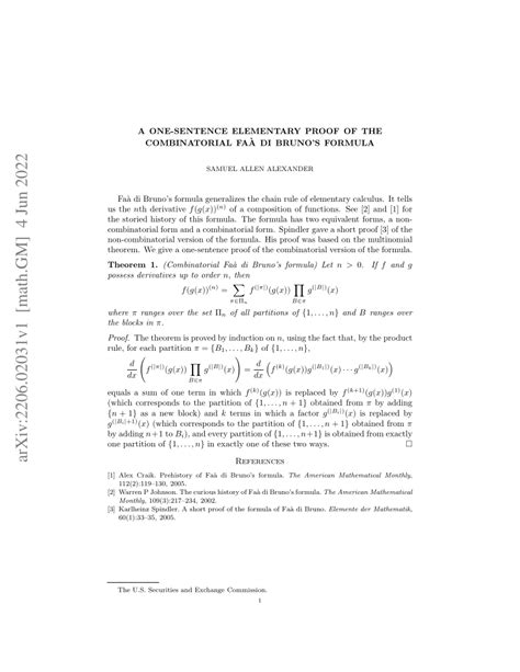 Pdf A One Sentence Elementary Proof Of The Combinatorial Fa`a Di Brunos Formula