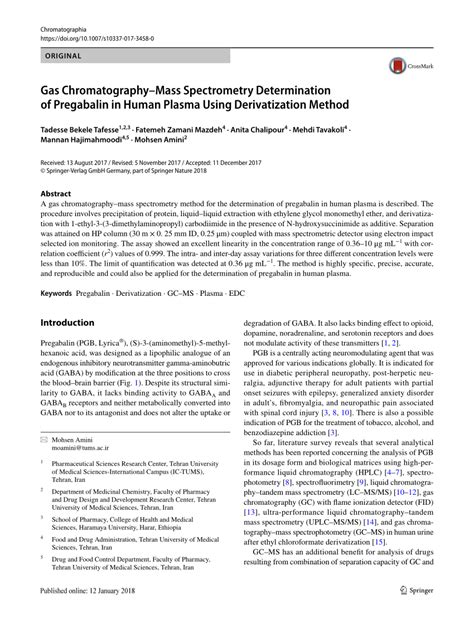 Pdf Gas Chromatographymass Spectrometry Determination Of Pregabalin In Human Plasma Using