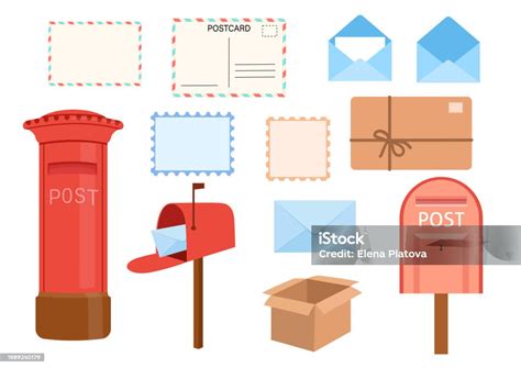 영어 빨간 우체통 열린 봉투와 닫힌 봉투 빈 엽서 벡터 만화 평면 일러스트 세트 고립 된 흰색 배경 개체 그룹에 대한 스톡 벡터 아트 및 기타 이미지 Istock