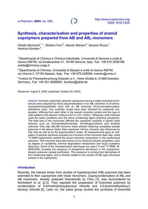 Pdf Synthesis Characterisation And Properties Of Aramid Copolymers Prepared From Ab And Ab2
