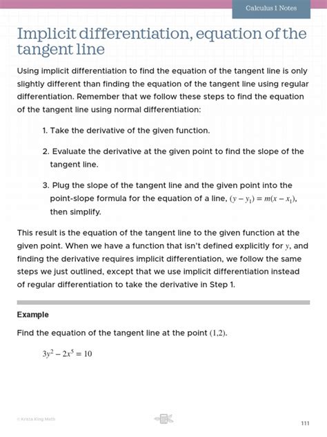 6 1 Implicit Differentiation Equation Of The Tangent Line Pdf Pdf Tangent Derivative