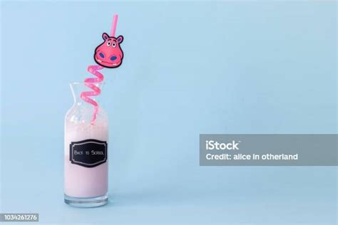 딸기 우유 밀크 덮어 파란색 바탕에 핑크 하 마 피 펫과 함께 공간을 작성 하는 학교로 다시 항아리에 건강한 생활방식에 대한 스톡 사진 및 기타 이미지 Istock