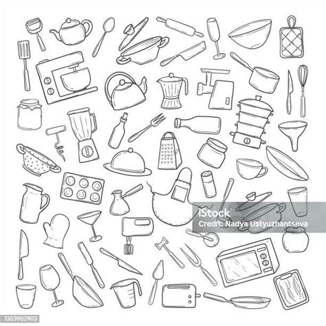 손으로 그린 스케치에 부엌 기구의 큰 세트 낙서 스타일의 요리 도구 가전 제품 기구 안경 냄비 접시 칼붙이 흰색으로 격리된 벡터
