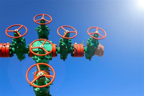 파이프 라인 밸브와 석유 및 가스 처리 공장 석유 및 가스 산업의 오일 파이프 라인 밸브 밸브는 화창한 여름 날에 필드에 석유 파이프 라인을 플러그 가솔린에 대한 스톡 사진