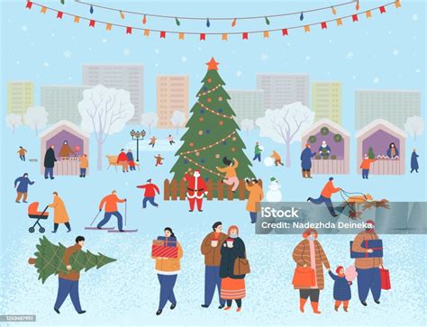 휴일 박람회 공원에서 크리스마스 겨울에 사람들의 큰 세트 걷고 선물을 사다 커피 마시고 스케이트 스키 눈사람을 만들고 개를 걷는 사람들 플랫 만화 벡터 일러스트레이션 12