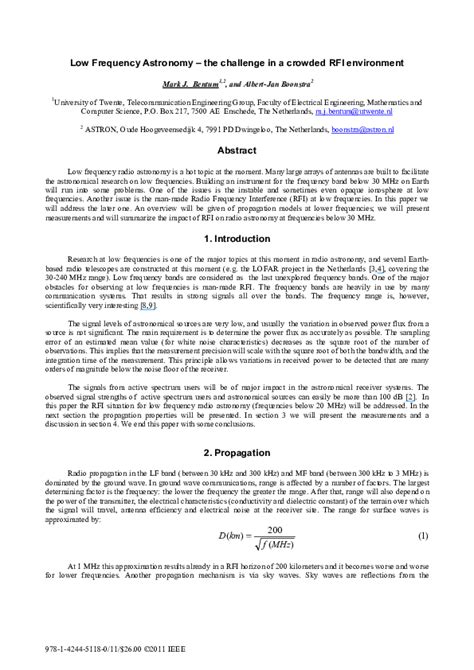 Pdf Low Frequency Astronomy — The Challenge In A Crowded Rfi Environment