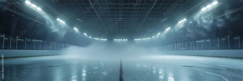 Ice Rink With Fog Smoke And A Dark Sky Background Empty Stadium