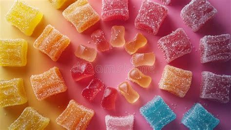 Circular Arrangement Of Vibrant Gummy Candies Against A Colorful Backdrop Representing A