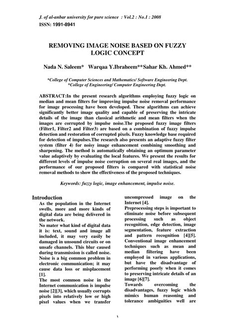 Pdf Removing Image Noise Based On Fuzzy Logic Concept