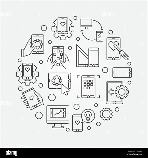 Mobile App Development Vector Round Simple Concept Illustration In Thin Line Style Stock Vector