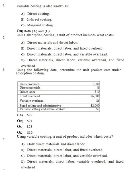Solved Variable Costing Is Also Known As A Direct Costing B Indirect Costing C Marginal