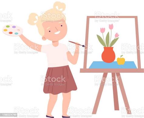 팔레트와 브러시와 캔버스에 미소 금발 소녀 그림 페인트 만화 스타일 벡터 일러스트와 이젤에 작은 예술가 캐릭터 그림 독일에 대한