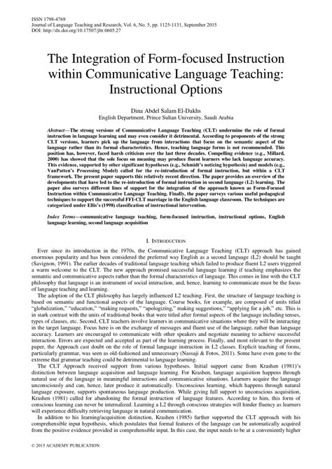 Pdf The Integration Of Form Focused Instruction Within Communicative Language Teaching