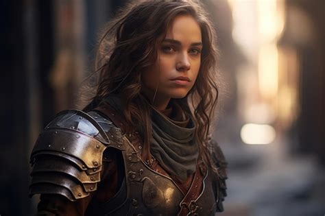 Premium Photo A Woman In Armor Looking At The Camera
