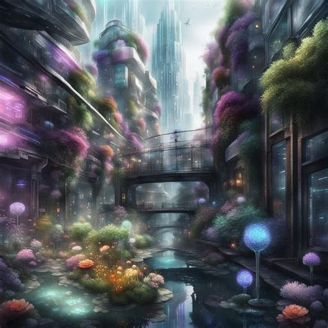 Prompt {city Futuristic Garden Liminal Building Waterway Dystopia