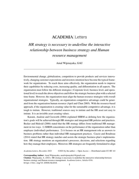 Pdf Hr Strategy Is Necessary To Underline The Interactive Relationship Between Business