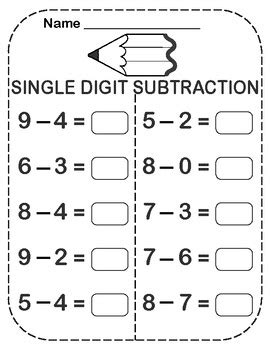 Single Digit Subtraction By Nulu Press TPT