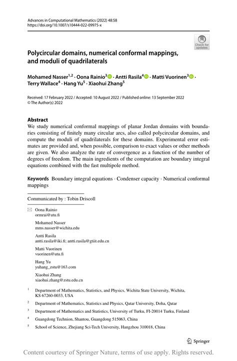 Pdf Polycircular Domains Numerical Conformal Mappings And Moduli Of