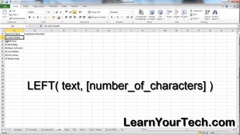 Left Function Microsoft Excel Youtube
