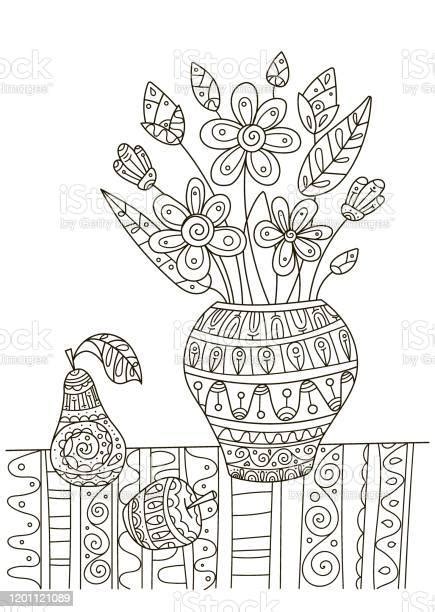 어린이와 성인을위한 손으로 그리기 색칠 공부 책 창의성에 대 한 작은 세부 사항으로 아름 다운 패턴 안티 스트레스 장식 은 꽃과 과일 여전히 생활 색칠 페이지 꽃과 선인장의