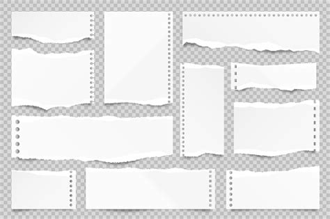 투명한 배경에서 분리된 찢어진 종이 스트립 찢어진 가장자리가있는 현실적인 종이 스크랩 스티커 노트 노트북 페이지의 조각 벡터 일러스트레이션 0명에 대한 스톡 벡터 아트 및