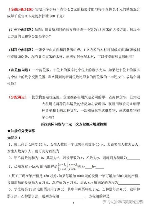 初一数学下册：《二元一次方程组》应用题，知识点 归类练习 知乎