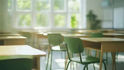 Empty Class Room With Wooden Desks And Green Chairs On School Blurry