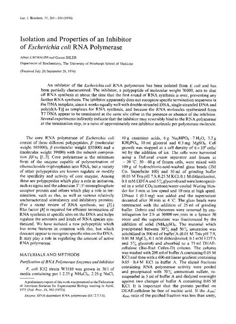 Pdf Isolation And Properties Of An Inhibitor Of Escherichia Coli Rna Polymerasè Dokumentips